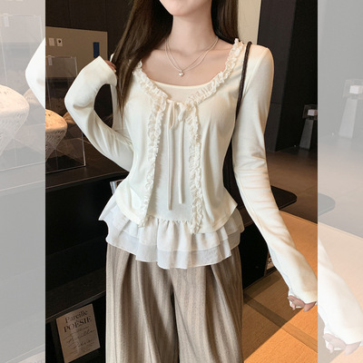 纯欲假两件下摆拼接长袖T恤女