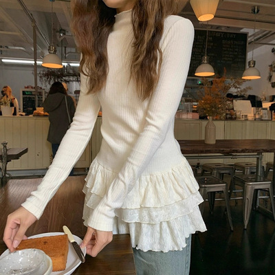 温柔甜美风半高领长袖t恤女