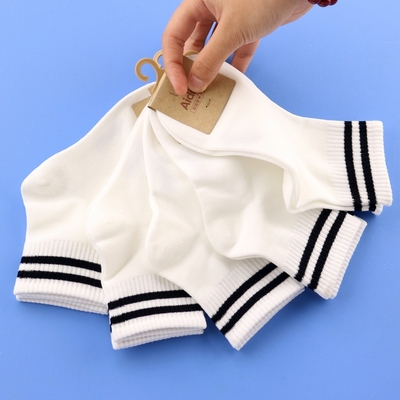 爱嘀嗒秋季新款儿童精梳棉中筒袜子白色条纹学生运动袜吸汗透气袜