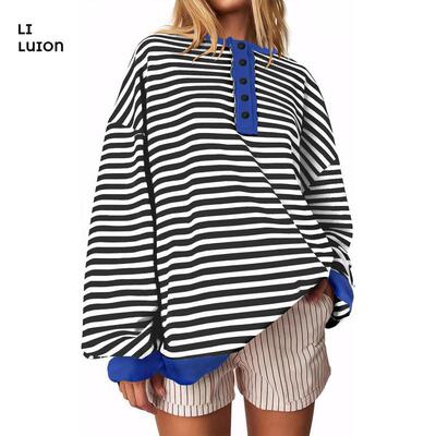 Women Loose Crew Neck Sweatshirts Cute Striped Print Loose