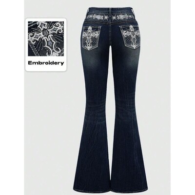 Vintage Grunge Punk Flare Jeans with Embroidery for All