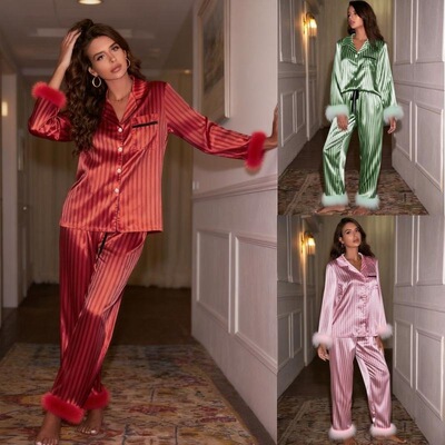 Womens Striped Silk Satin Pajamas Loungewear Long 2pc Pjs