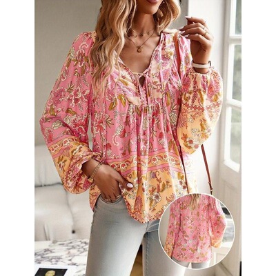 Boho Chic Floral VNeck Blouse with Tie Detail Long Sleeve