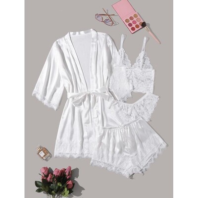 Womens Honeymoon Sets Silk Satin Bridal Pajamas Set 4pcs