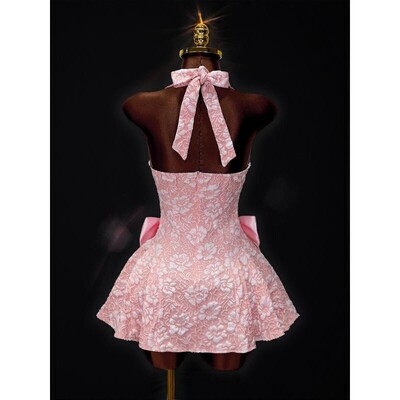 Summer New Sakura Embossed Halter Dress Side Large Bowknot
