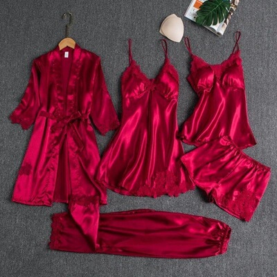 5pc silk robe sleep suit womens lace satin pajamas gown set