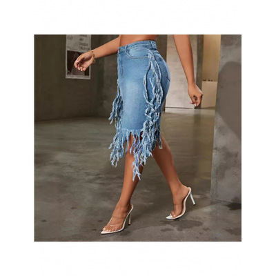 S 55837 Women's Tassel Denim Skirt 女士流苏牛仔中裙跨境