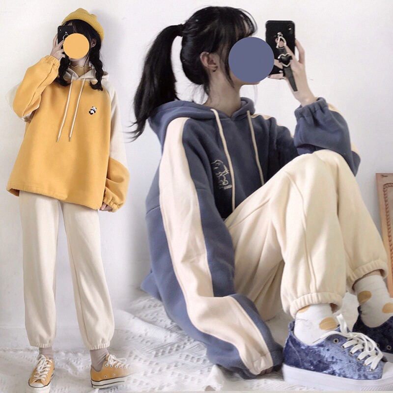 休闲运动套装女秋冬季韩版时尚女装加绒加厚卫衣学生两件套潮