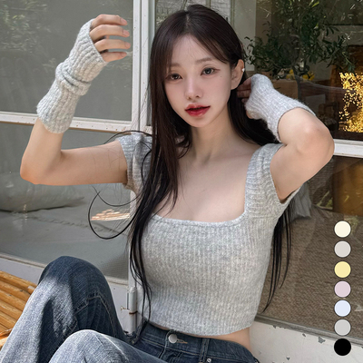 竖纹针织方领T恤露脐套装