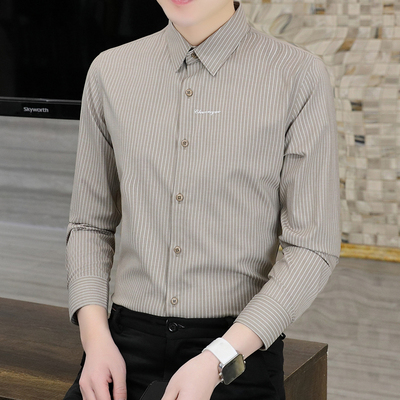 卡其色刺绣细条纹衬衫男士长袖修身免烫衬衣竹纤维垂坠感高档寸衫