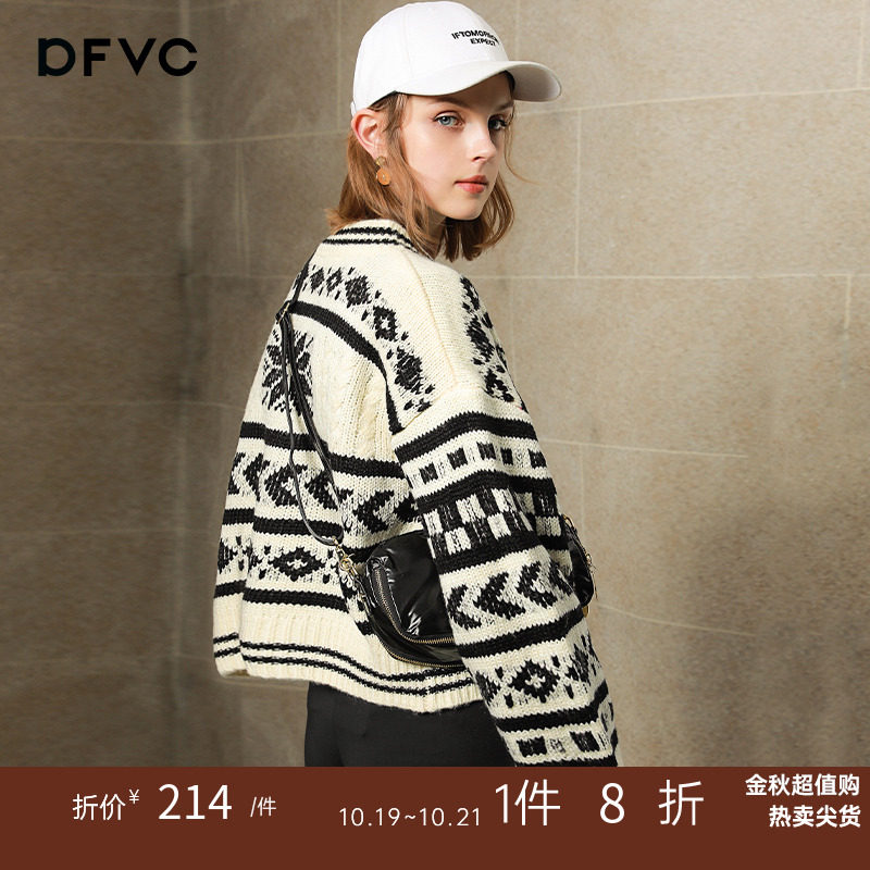 dfvc小个子毛衣针织衫女2022新款雪花宽松短款拼色开衫外套学院风_虎窝淘