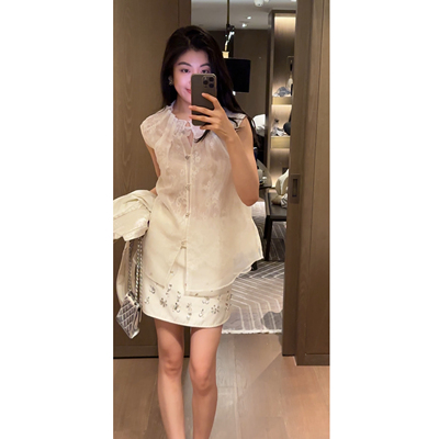 2N.COU妮蔻26夏新款100%桑蚕丝压褶花瓣领微透衬衫新中式无袖上衣