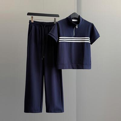 202026 夏季韩系灰色半拉链短袖套装女宽松显瘦高腰阔腿裤懒人一