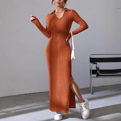 Flip collar long sleeve slit hip hugging skirt翻领开叉包臀裙