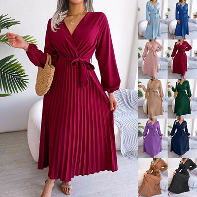 2026Ladies' cross V-neck pleated long skirt女交叉v领百褶长裙