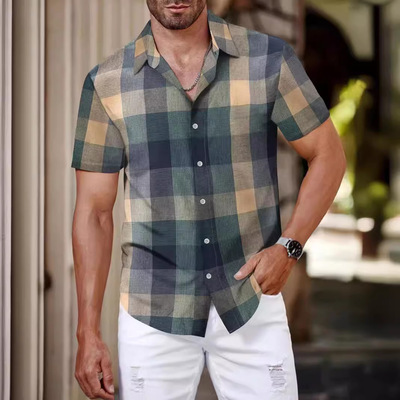 Men fashionable casual checkered short sleeved shirt格子衬衫