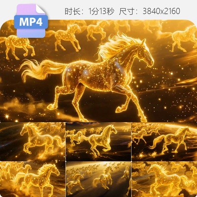 高清震撼金色万马奔腾马年开场视频金色粒子马群奔跑星空动态大气