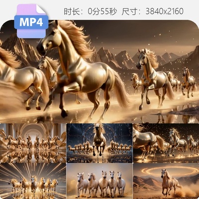 高清金色万马奔腾骏马踏金动态大气晚会背景金色光芒视频素材