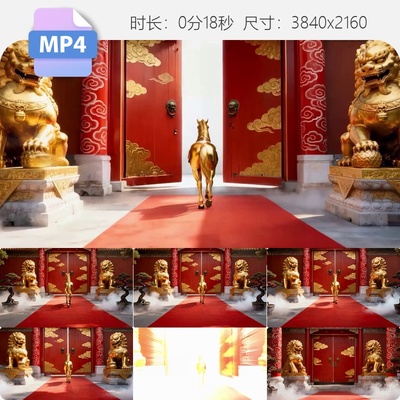 高清马年开门片头转场2026春节国风宫殿金马祥云喜庆鎏金视频素材