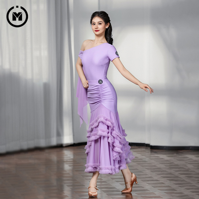 IAMYC摩登舞服女成新款斜肩上衣网纱下摆花边网纱裙B10137+B20098