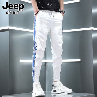 JEEPSPIRIT夏季冰丝休闲裤男士潮流百搭条纹修身薄款白色运动裤子