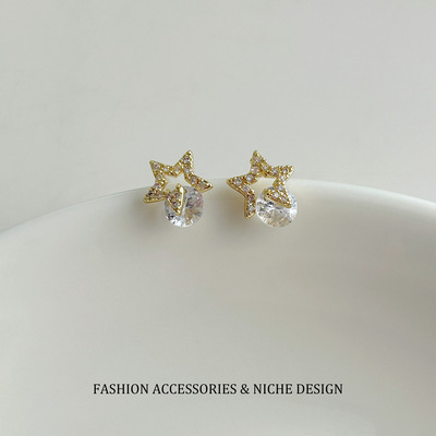 小众简约镂空五角星锆石耳钉超闪满钻气质百搭精致独特耳环耳饰女