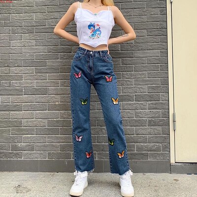 Denim casual pants with colorful butterfly embroidery