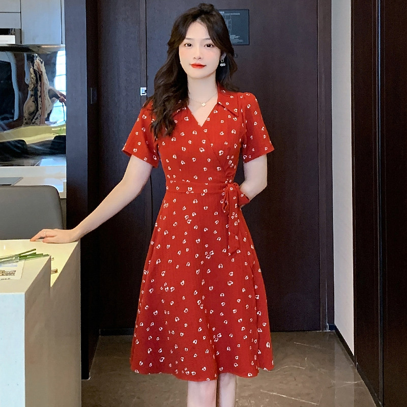 实拍大码红色连衣裙女夏梨型身材胖mm裙子显瘦茶歇裙