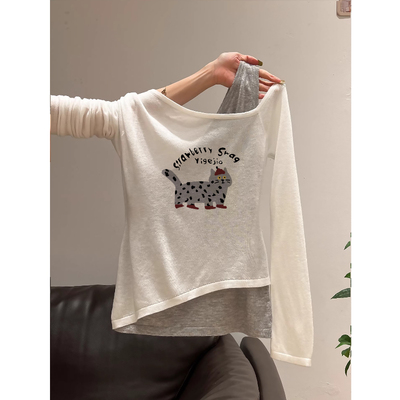 假两件斜领露肩长袖T恤女