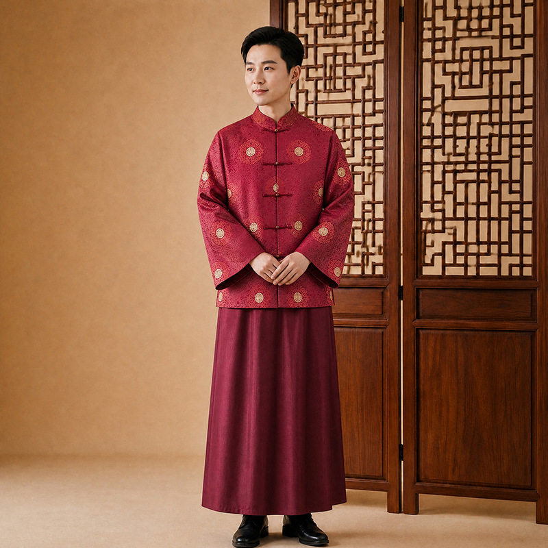 中式立领盘扣男士唐装老爷两件套装织锦上衣配半身裙中老年祝寿服