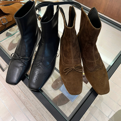 真皮复古不对称鸳鸯靴瘦瘦短靴女