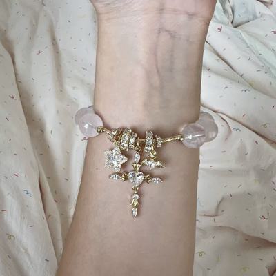 现货多面体原创天然粉水晶手链手串爱心十字架