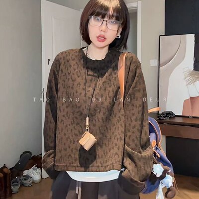 雪落松针时尚百搭豹纹慵懒风设计师秋冬针织衫女