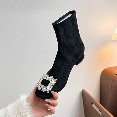 粗跟弹力靴方头水钻短靴女