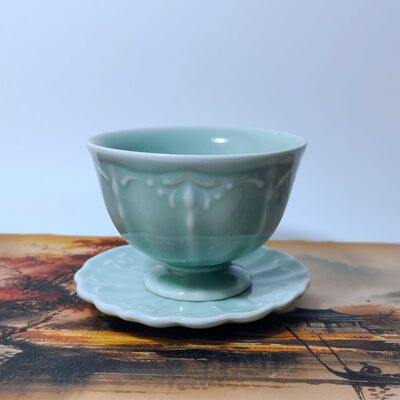 宜兴青瓷170cc雅致小碎花一杯一碟主人杯茶杯茶具品茗杯咖啡杯荐