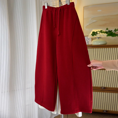 红色松紧腰抽绳宽松阔腿弯刀卫裤