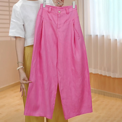 玫红色天丝亚麻八分垂感休闲裤女