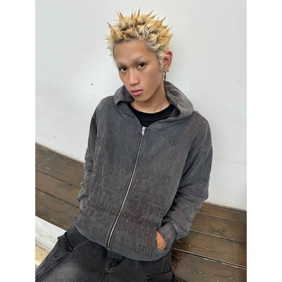 水洗做旧拉链PunkFK朋克帽衫外套