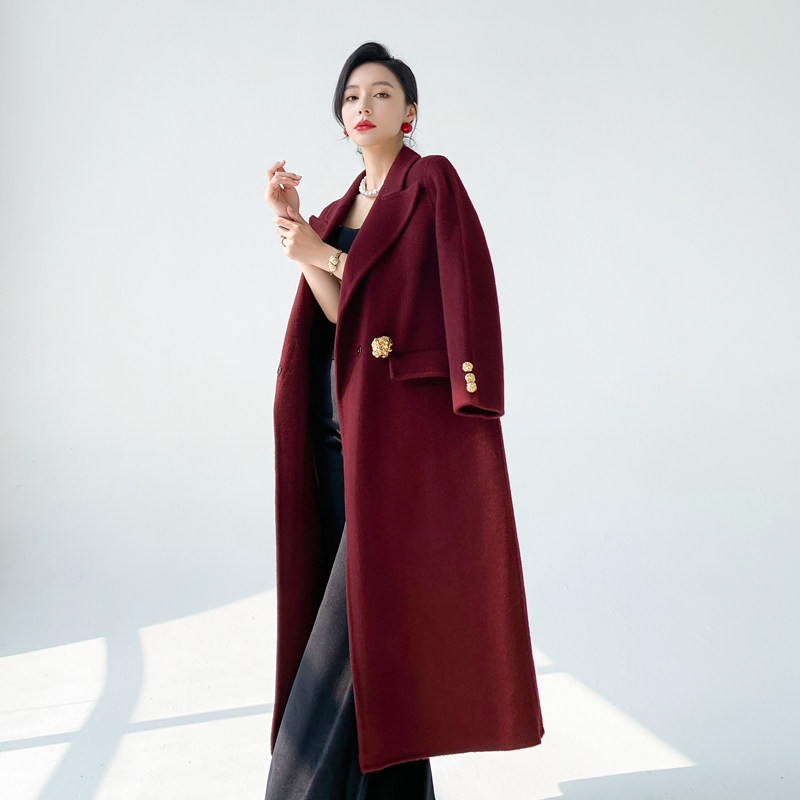 AKSAYA高级感时髦洋气酒红色双面呢大衣气质中长款羊毛外套女秋冬_虎窝淘