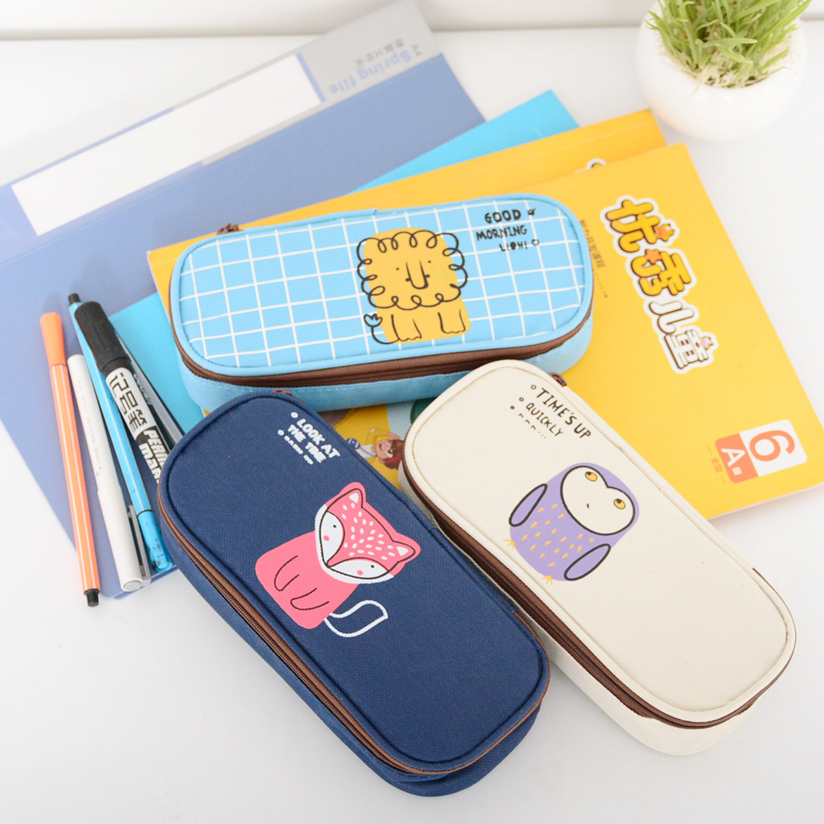 韩版简约小学生帆布笔袋儿童高颜值可爱卡通笔盒拉链翻盖文具盒女_虎窝淘