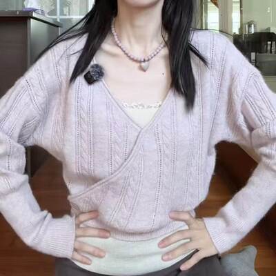 spear 新款 youth 女装韩系温柔松弛气质百搭V领针织长袖收腰上衣