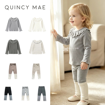 quincy mae26秋冬拼接打底裤 撞色裤脚弹力修身长裤百搭宝宝裤子