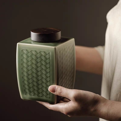 庭野堂越窑青瓷扇窗藤编茶叶罐功夫茶具密封罐黑檀陶瓷罐子半斤装