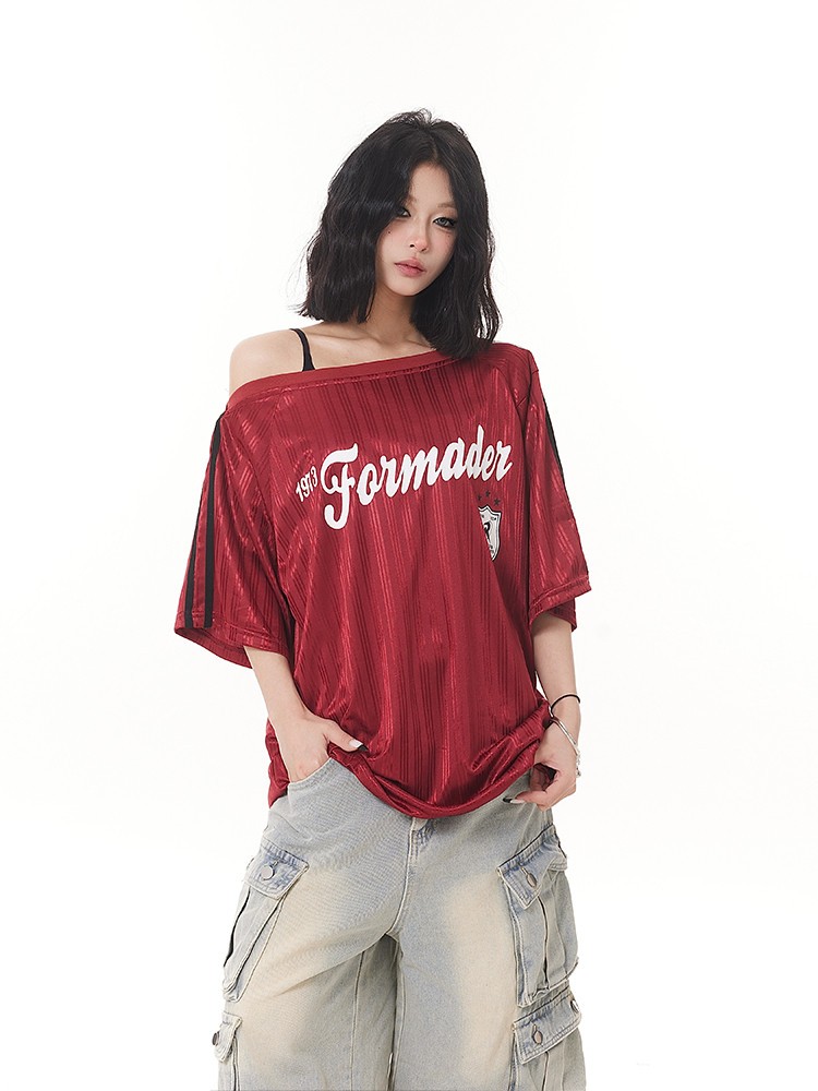 American Style Athleisure Sloping Shoulder Stripes Short Sleeve letter ...