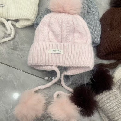 滑雪咖色毛球麻花编织秋冬韩版百搭保暖护耳女加厚针织系绳风雪帽