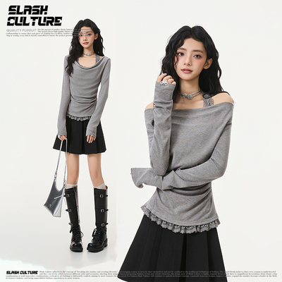 灰色蕾丝荡领假两件长袖T恤女