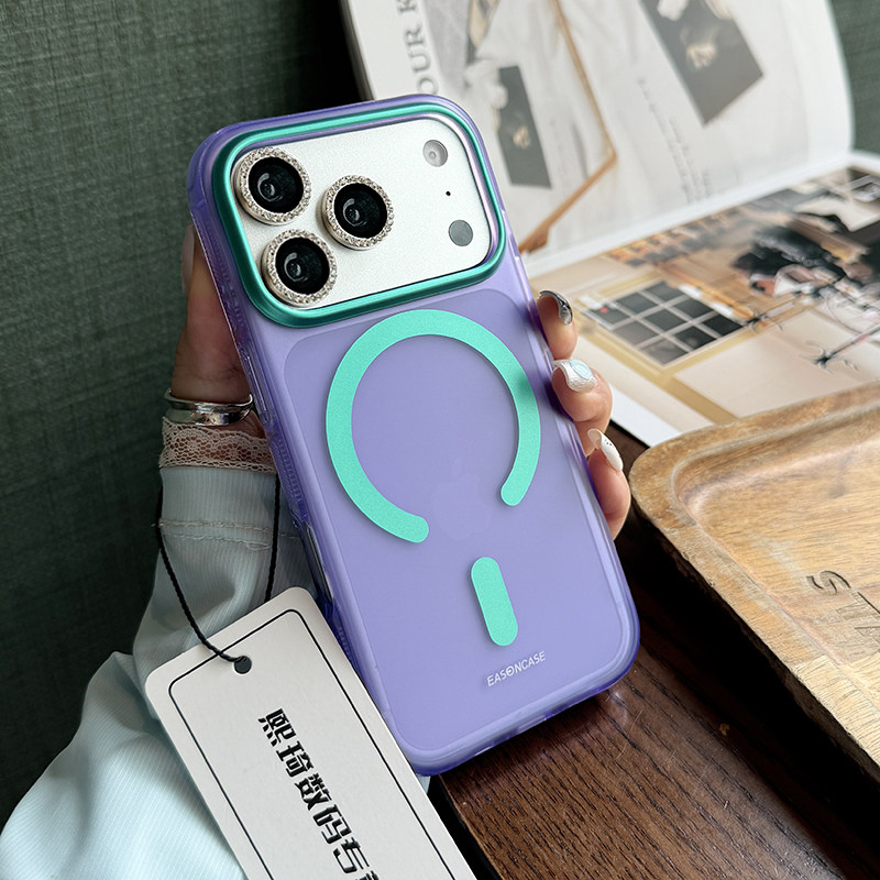 适用苹果17ProMax磁吸手机壳新款撞色iPhone16超薄17手机套带支架磨砂16pro保护套16pm全包ip透色外壳