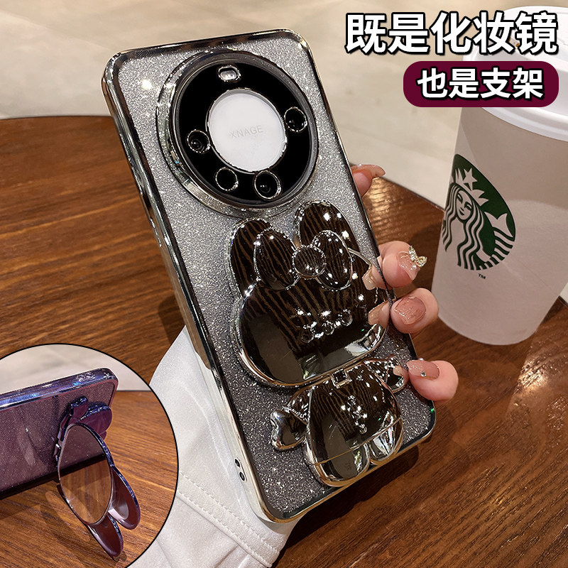 补妆镜支架适用华为mate60pro手机壳新款p60pro高级感荣耀90镜头nova11全包mete40e防摔mt闪粉女por软硅胶套