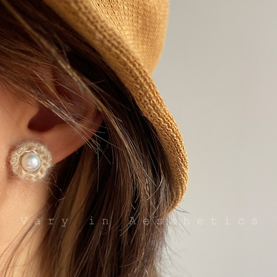 VIA途经原创设计天然淡水珍珠耳钉女925纯银手工编织毛线耳饰