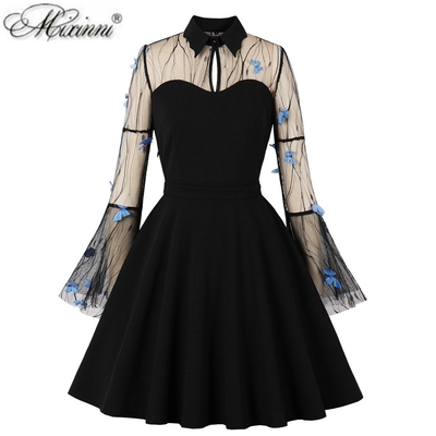 秋冬女装欧美赫本风气质复古喇叭长袖印花显瘦优雅法式大摆连衣裙